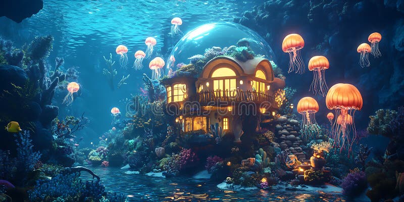 Undersea House a Magical Underwater Scene with Jellyfish Stock ...