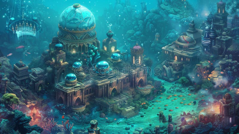 Undersea Isometric Atlantis with Crystal Domes Merfolk and Ancient Tech ...