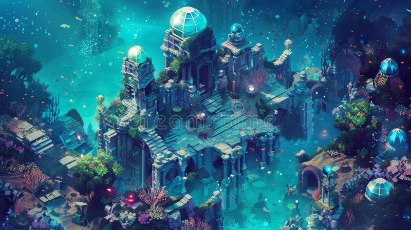 Undersea Isometric Atlantis with Crystal Domes Merfolk and Ancient Tech ...