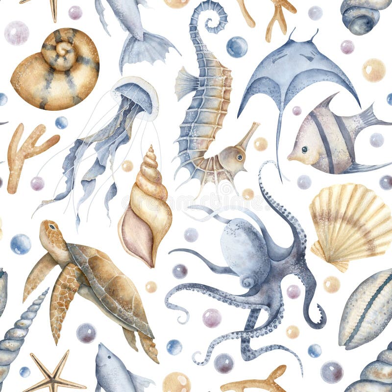 Undersea Seamless Pattern with Underwater Animals and Fish on Isolated ...