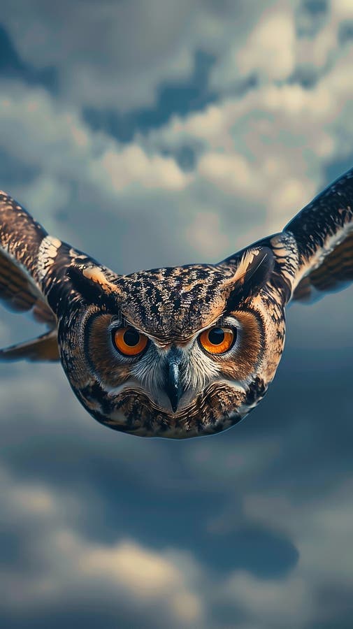 Underside Closeup of Owl Bird Flying in Sky Vertical Stock Photo ...