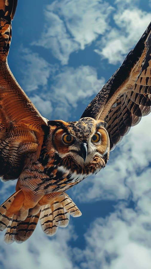 Underside Closeup of Owl Bird Flying in Sky Vertical Stock Photo ...