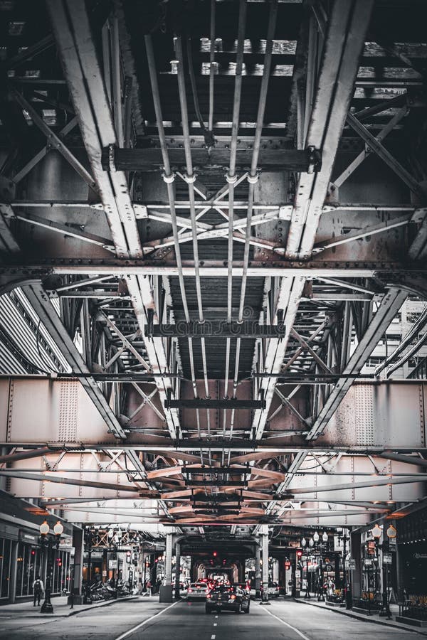 Underside of Elevated Train Track with City Traffic Stock Image - Image ...