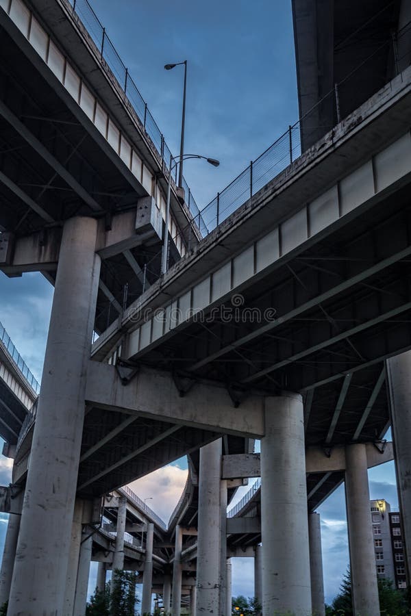 Underside of Highway Merging To Different Lanes Stock Image - Image of ...