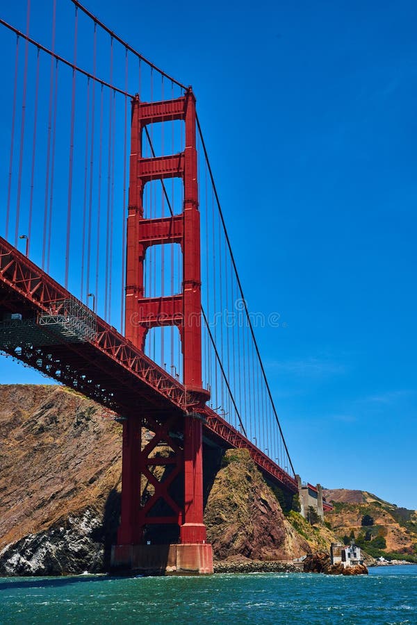 Underside and Side View of Golden Gate Bridge with Clear Blue Skies on ...