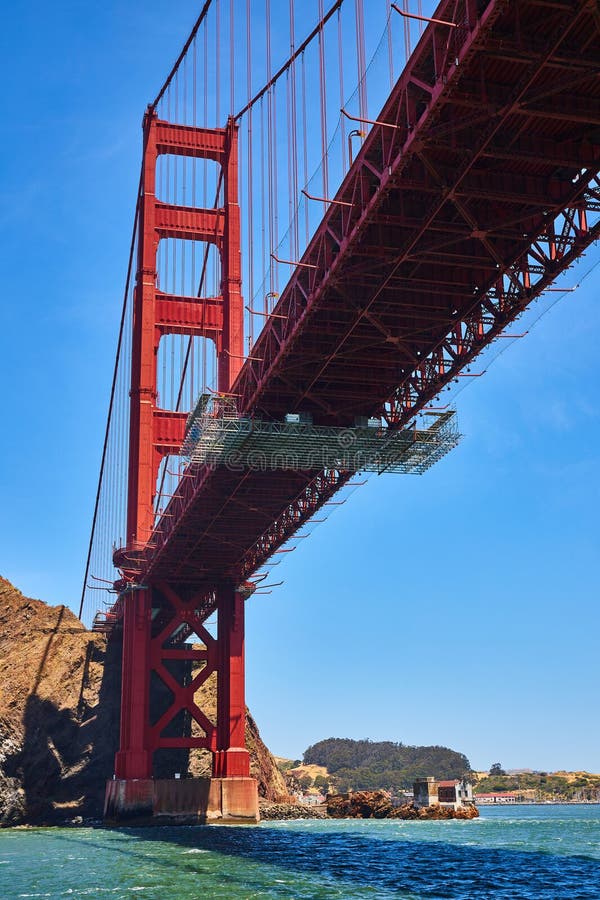 Underside View of Golden Gate Bridge on Bright Summer Day with Clear ...
