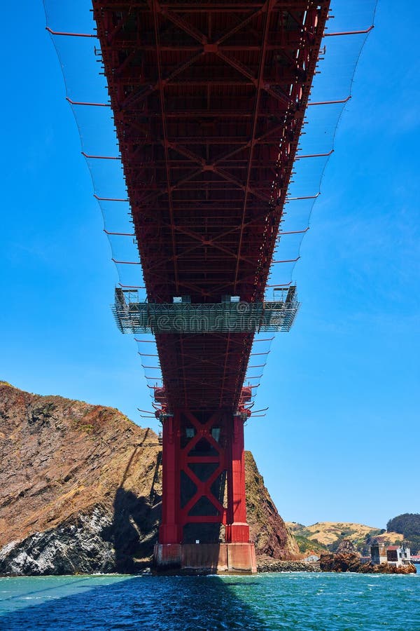 Underside View of Golden Gate Bridge with Clear Blue Skies on Bright ...