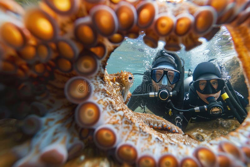 Underwater Adventure: Scuba Divers Encounter Octopus through Tentacle ...