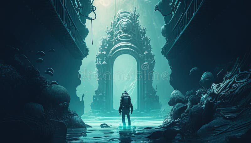 Underwater Alien Ruins Digital Art Illustration, Generative AI Stock ...