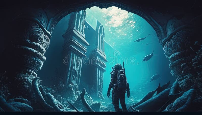 Underwater Alien Ruins Digital Art Illustration, Generative AI Stock ...