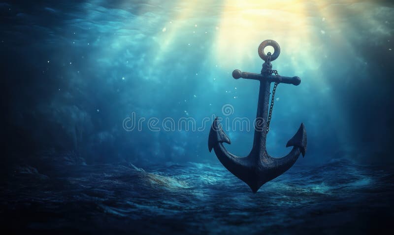 Underwater Anchor Illuminated by Soft Light in Deep Blue Ocean ...