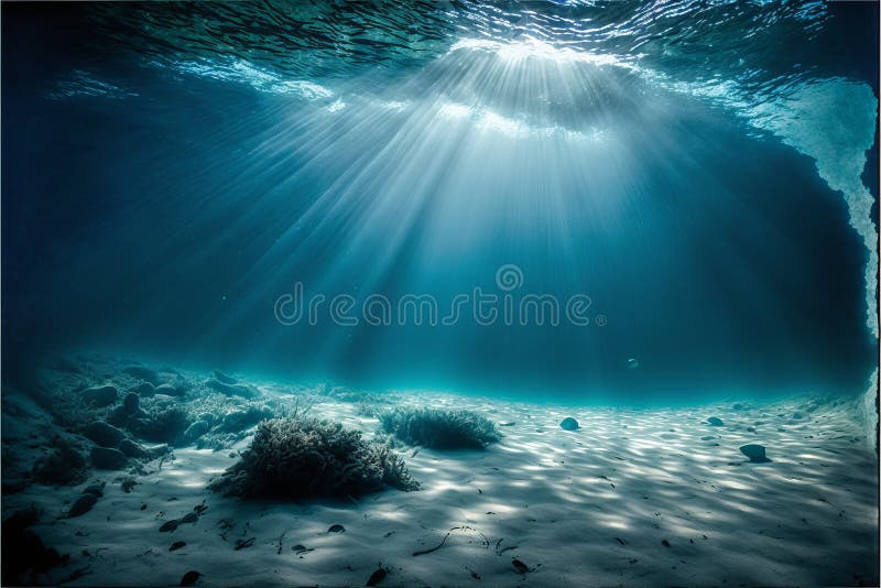 Underwater Background Deep Blue Sea and Beautiful Light Rays with Sandy ...