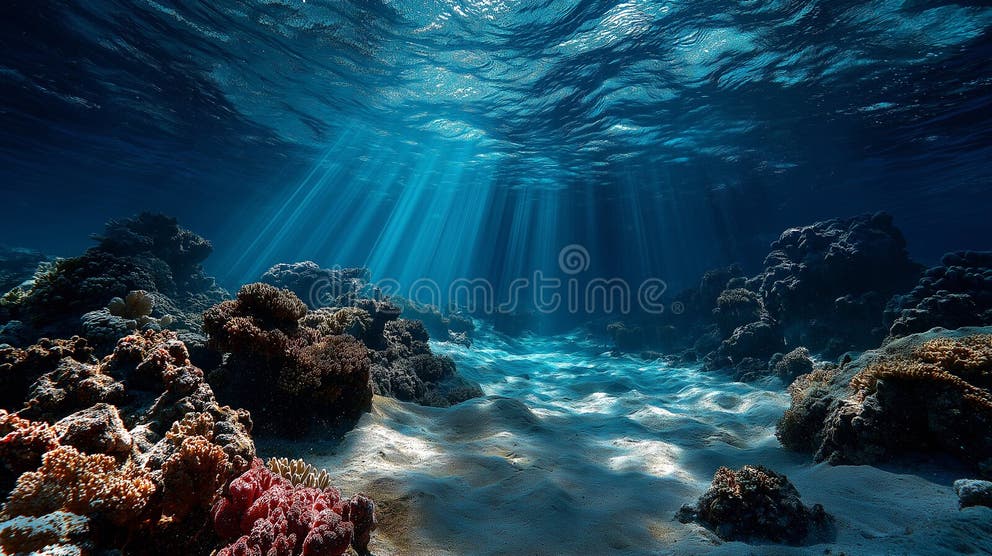 Underwater Background Deep Blue Sea and Beautiful Sun Ray Under Sea ...