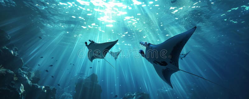 Underwater Background with Large, Graceful Manta Rays Gliding in Open ...