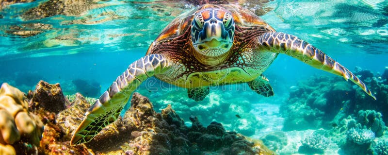 Underwater Background with a Majestic Sea Turtle Gliding through Clear ...