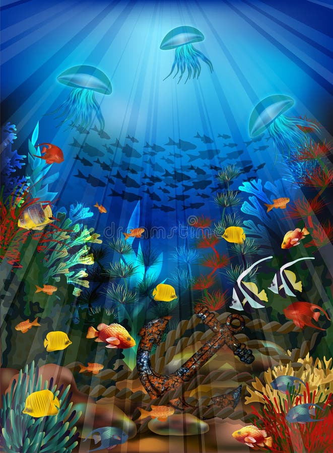Underwater Banner with Rusty Anchor and Tropical Fish Stock Vector ...