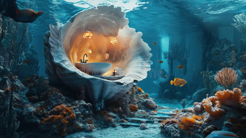 Underwater Bathroom Scene in Giant Shell Structure Stock Photo - Image ...
