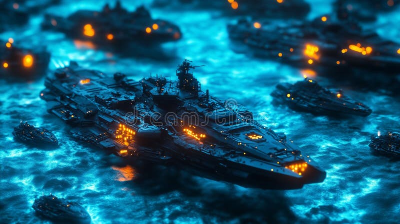 Underwater Battlefield Featuring Advanced Naval Vessels Illuminated in ...