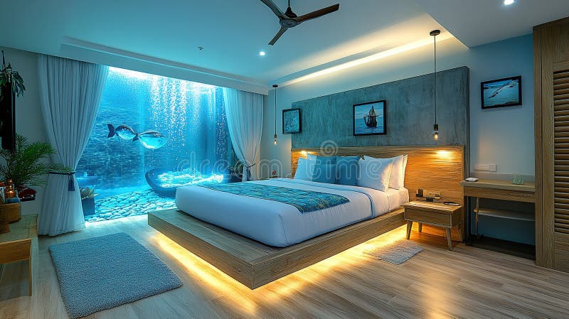 Underwater Bedroom with a Modern Design Stock Image - Image of modern, illuminated: 381488777