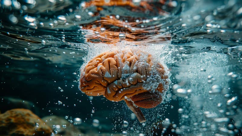 Underwater Brain Concept Human Brain Submerged in Water with Bubbles ...