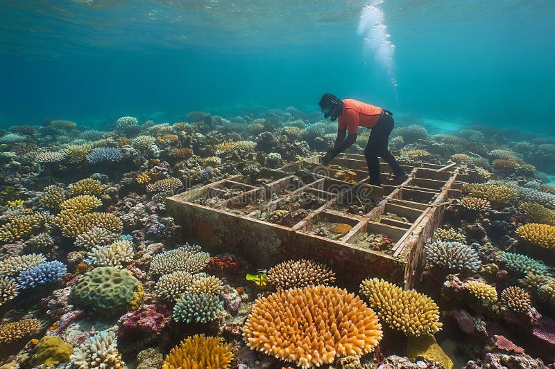 Underwater Builder Constructing Coral Reef Foundation Amidst Marine ...