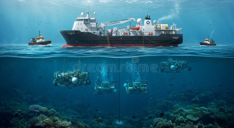 Underwater Cable Installation Ship and Submersible Deployment Deep Sea ...