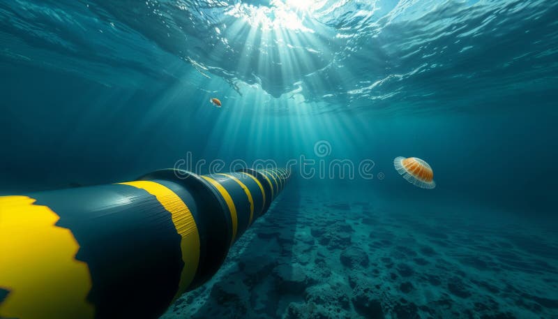 Underwater Cable with Jellyfish in Sun Rays, Generative Ai Stock ...