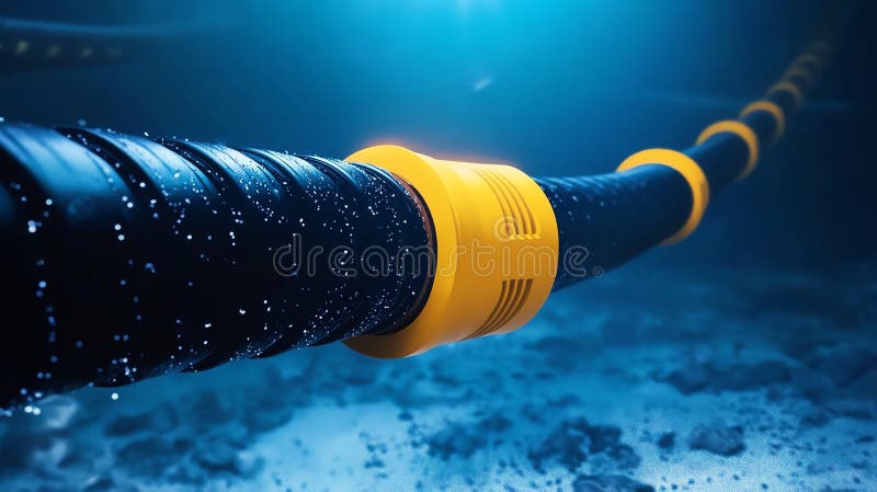 Underwater Cable with Yellow Connectors, Blue Background, Abstract View ...