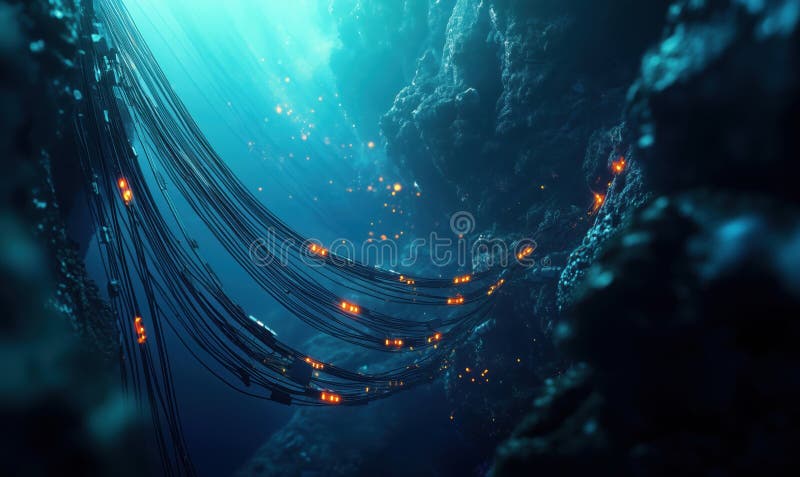 Underwater Cables Illuminated by Glowing Lights in Deep Ocean ...