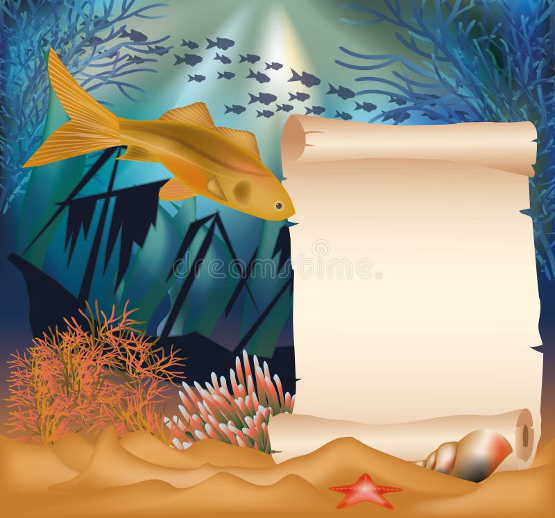 Underwater Card with Old Ship and Paper Scroll Stock Vector ...