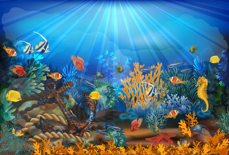 Underwater Card with Rusty Anchor and Tropical Fish. Vector Stock ...