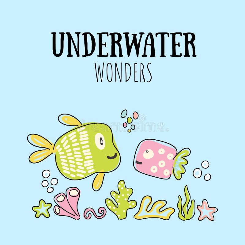 Underwater Cartoon Fish with Seaweed Bubbles and Coral. Stock Vector ...