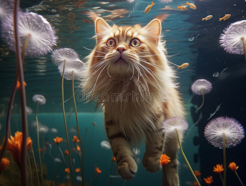 Underwater Cat in the Ocean Stock Illustration - Illustration of blue ...