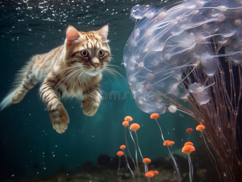 Underwater Cat in the Ocean Stock Illustration - Illustration of green ...