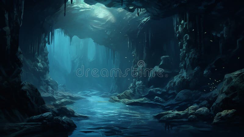 Dark Underwater Cave with Sunlight Beams. Deep Sea Cavern Nature ...