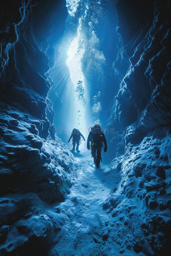Underwater Cave Divers Exploring Deep Sea Caverns with Sunlight Beaming ...