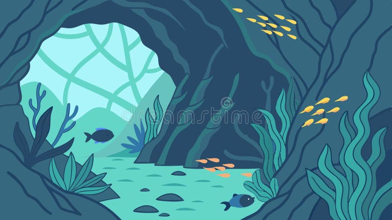 Underwater Cave with Fish. Mysterious Marine Grotto, Vector Design ...