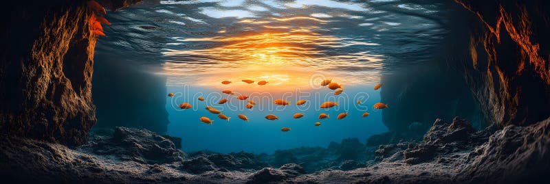 Underwater Cave with Fish Swimming Towards the Light and Rock ...