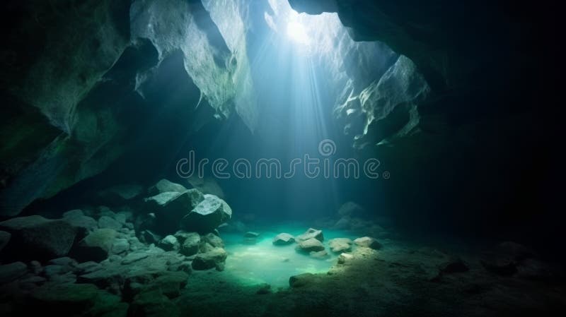 Underwater Cave with Light Rays Coming Out of the Hole in the Rock ...