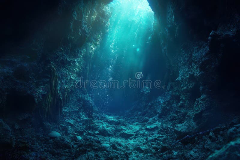 Underwater Cave with Light Rays and a Diver Stock Illustration ...