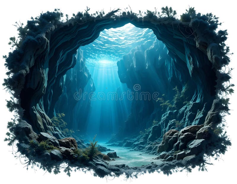 Underwater Cave with Light Rays and Rock Formations Scenery Stock Photo ...