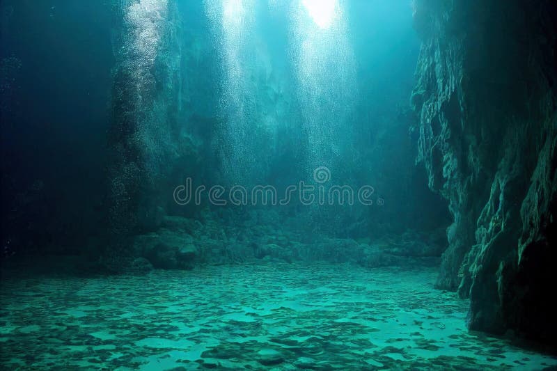 Underwater Cave with Penetrating Rays of Sun Inside and Sandy Bottom ...