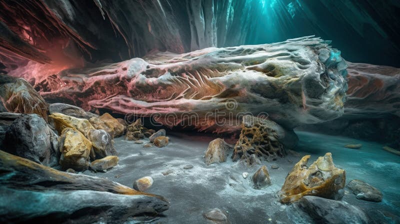 An Underwater Cave with Rocks and Water and a Large Rock Formation ...