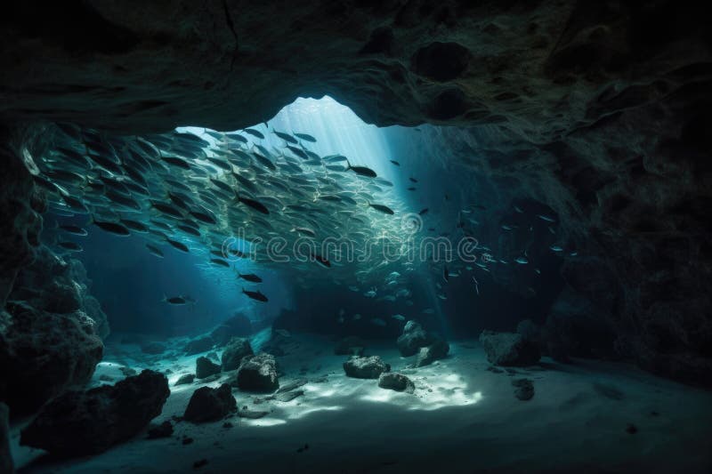 Underwater Cave with School of Fish Swimming in the Depths Stock ...