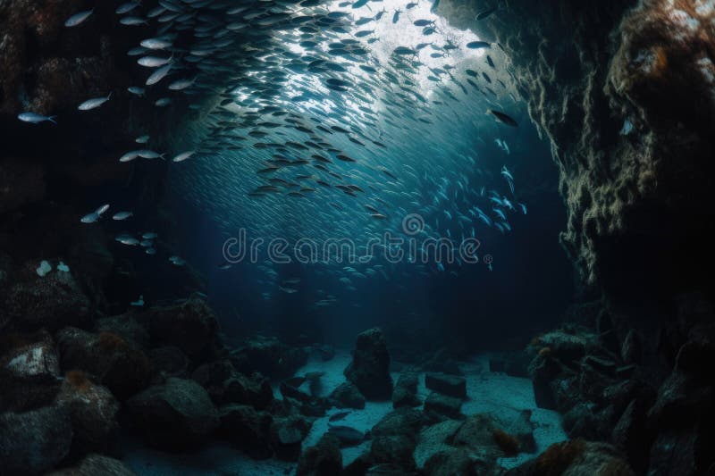 Underwater Cave with School of Fish Swimming through the Entrance Stock ...