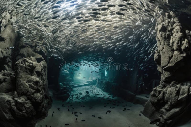 Underwater Cave with School of Fish Swimming among the Intricate ...
