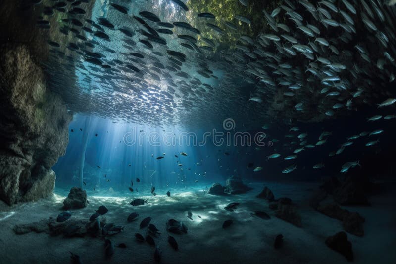 Underwater Cave, with Schools of Fish Swimming in the Crystal-clear ...