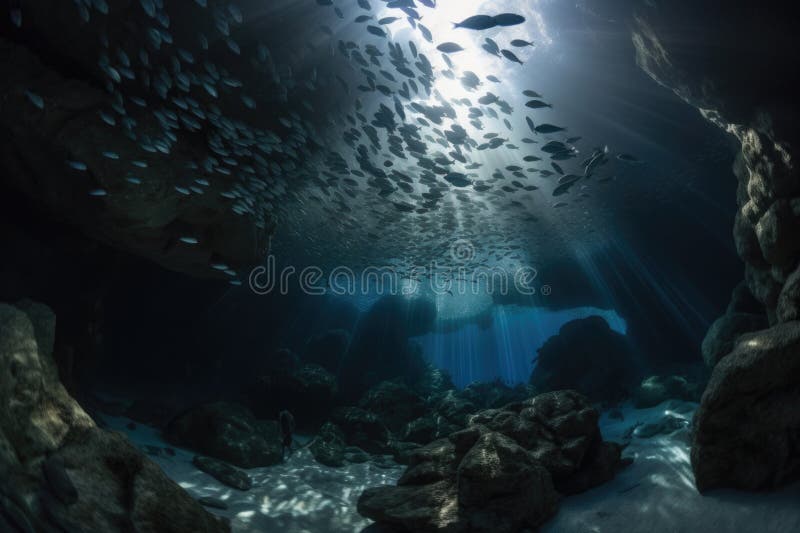 Underwater Cave with Schools of Fish Swimming Past and Rays Gliding ...