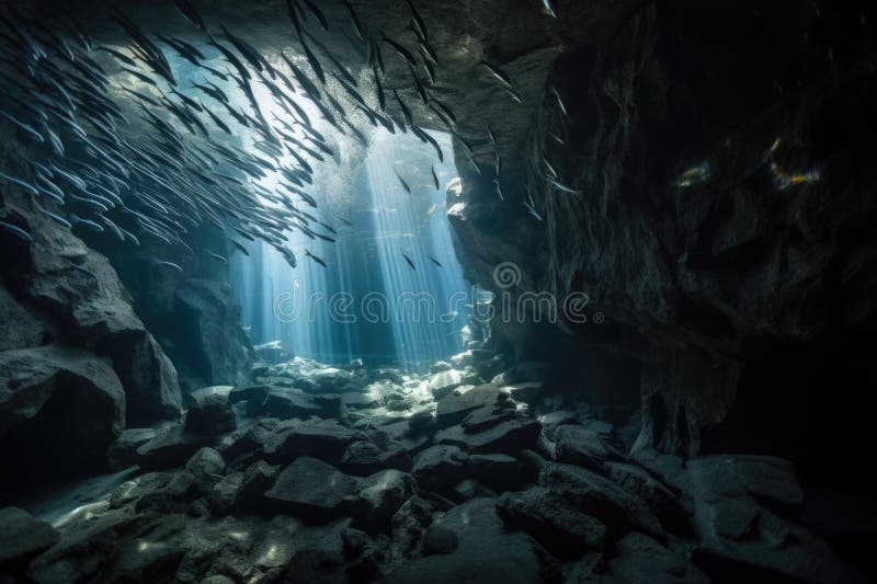 Underwater Cave with Schools of Fish Swimming among the Rock Formations ...