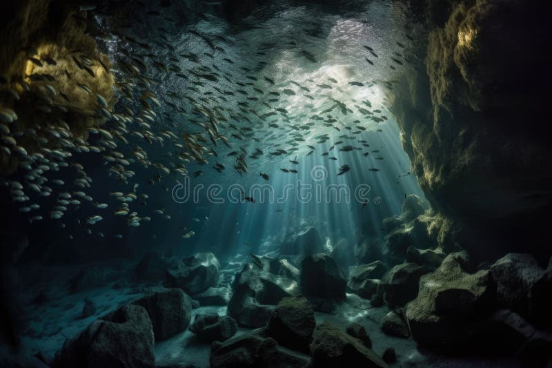 Underwater Cave with Schools of Fish Swimming through the Water Stock ...
